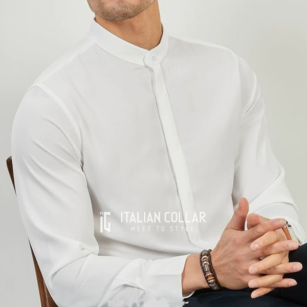 White Stand Collar Hidden Button Shirt By Italian Collar